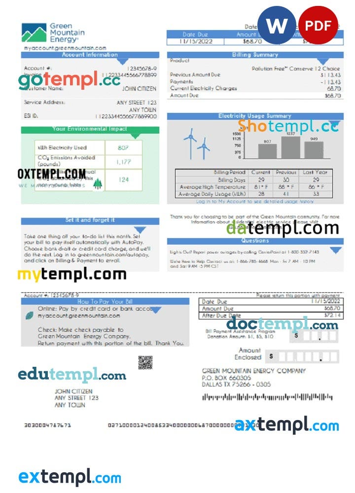 USA Green Mountain Energy utility bill, PDF and Word download template ...