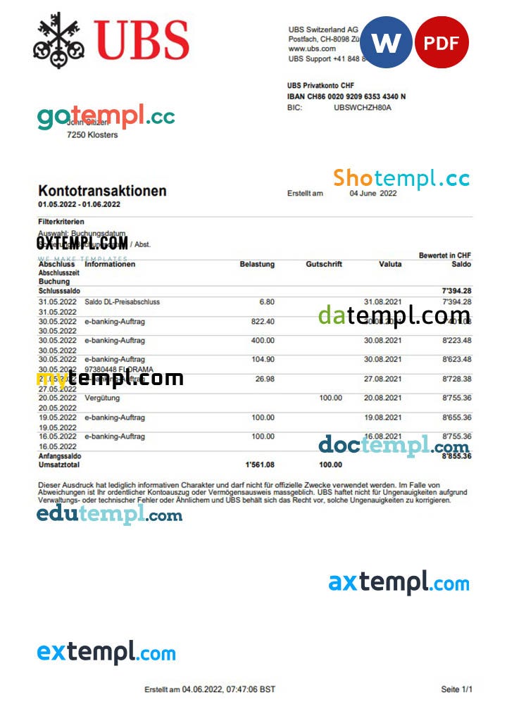 Sample Bank Statement Template