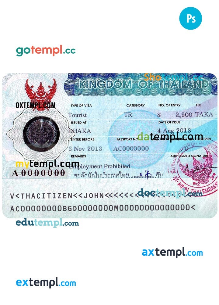 Thailand entry tourist visa PSD template, completely editable, with ...