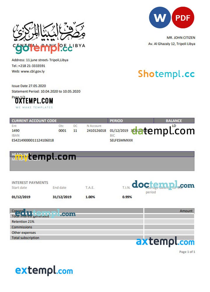 Libya Central Bank of Libya proof of address bank statement template in Word and PDF format ...
