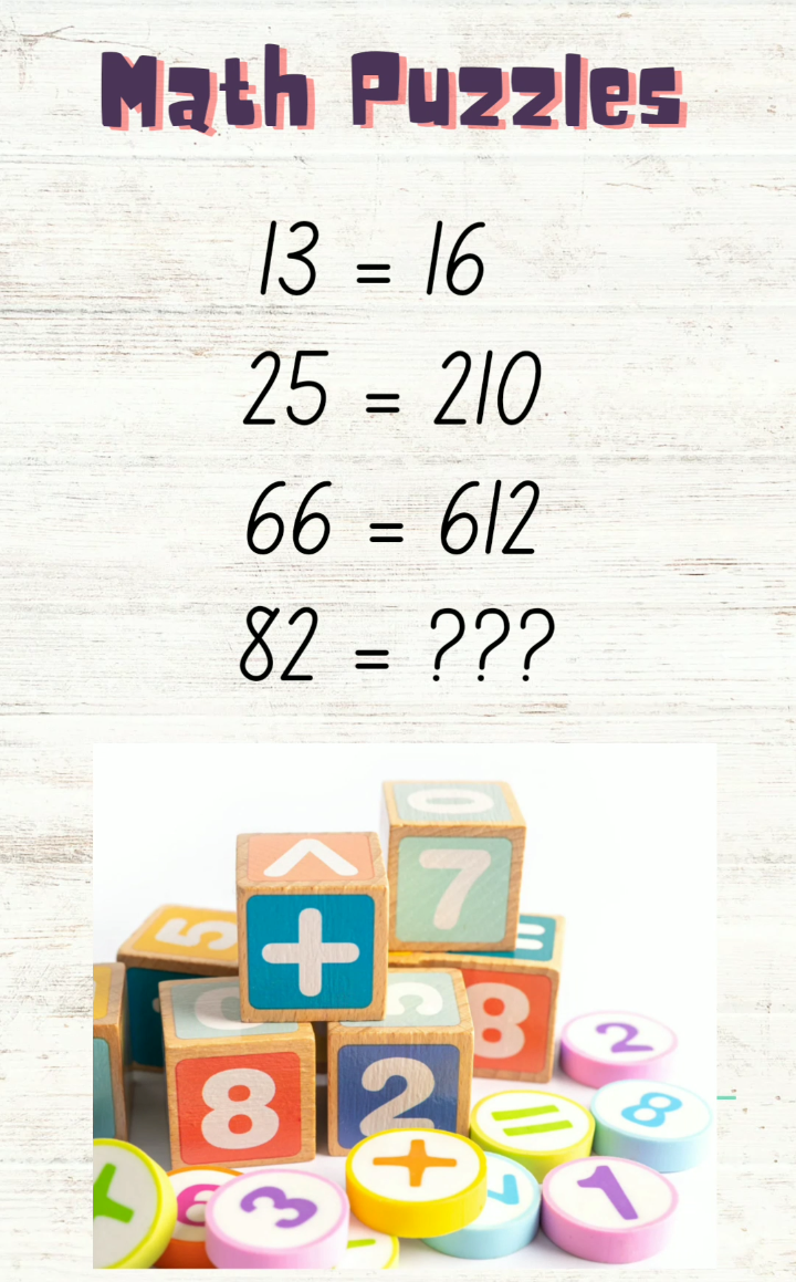 Math Puzzles 13 = 16 25 = 210 66 = 612 82 = ? Grab $ 10,000 Now ...