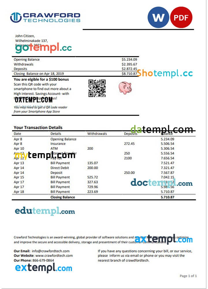 Netherlands (Holland) Crawford Technologies bank statement template in ...