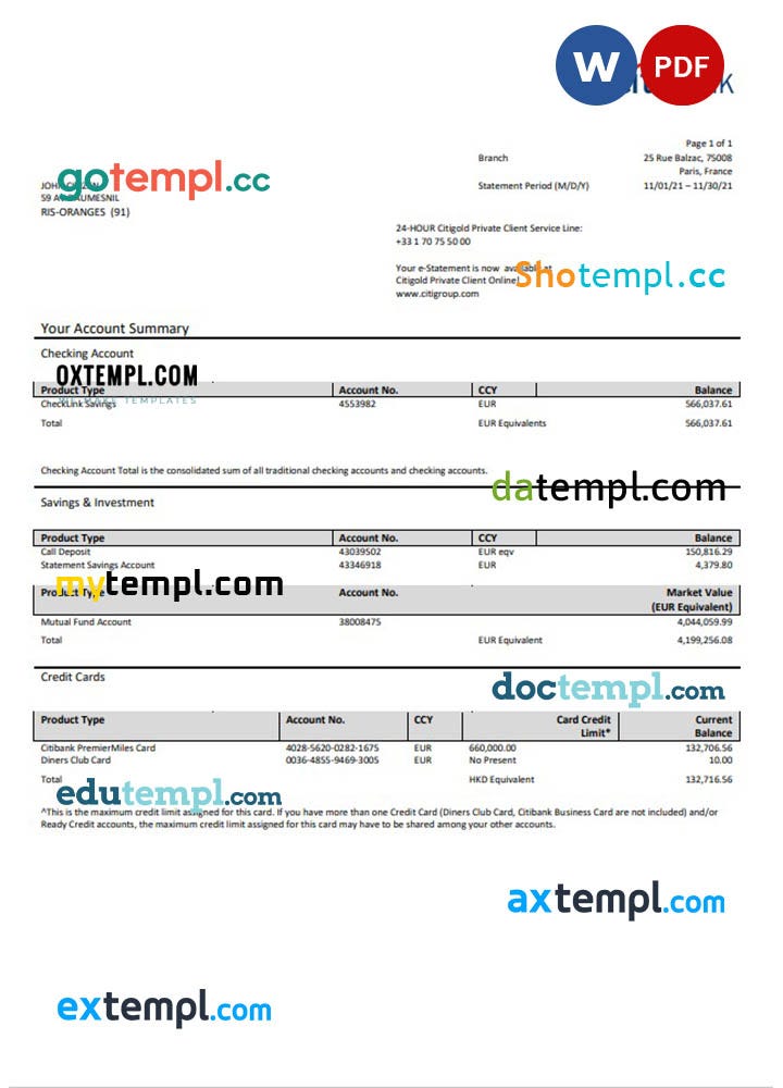 France Citibank bank statement template in Word and PDF format | by ...