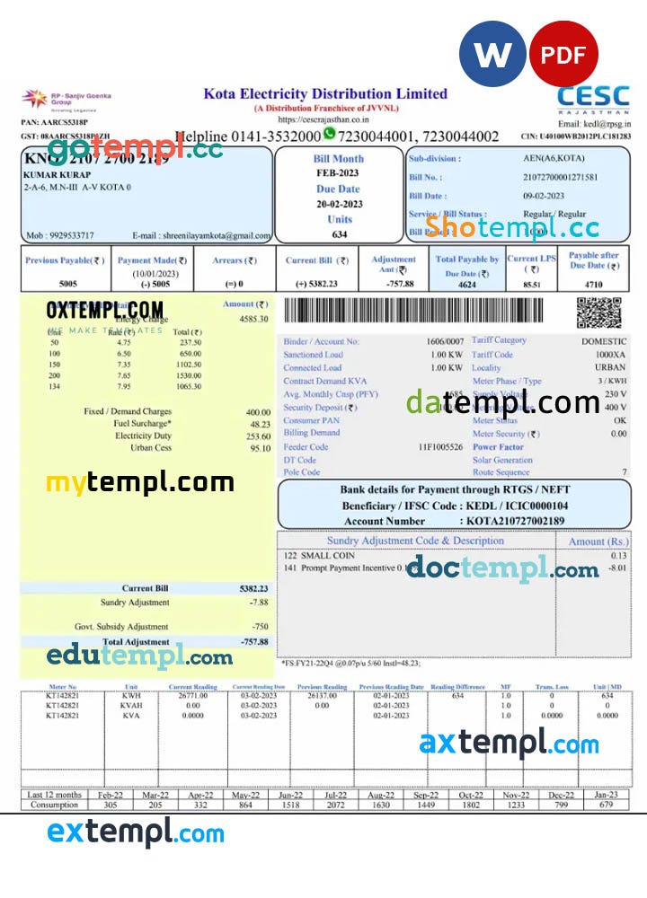 INDIA KOTA ELECTRICITY utility bill, PDF and Word download template ...
