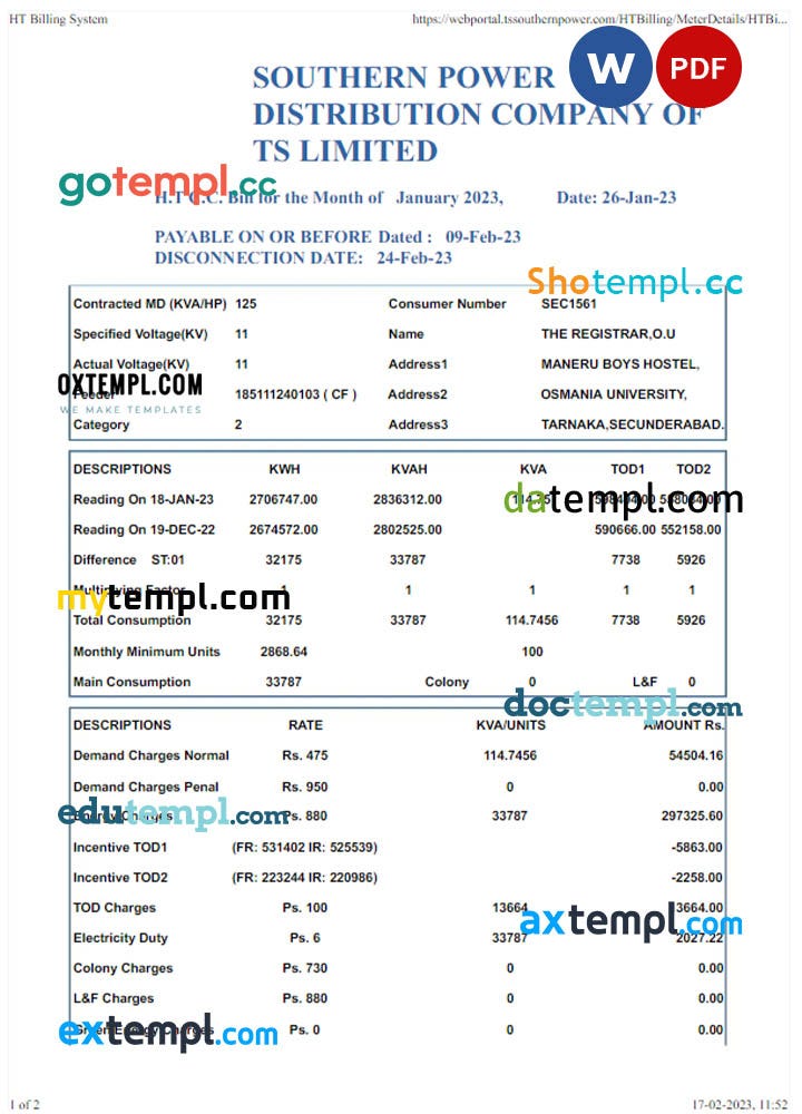 INDIA SOUTHERN POWER utility bill, PDF and Word download template | by ...