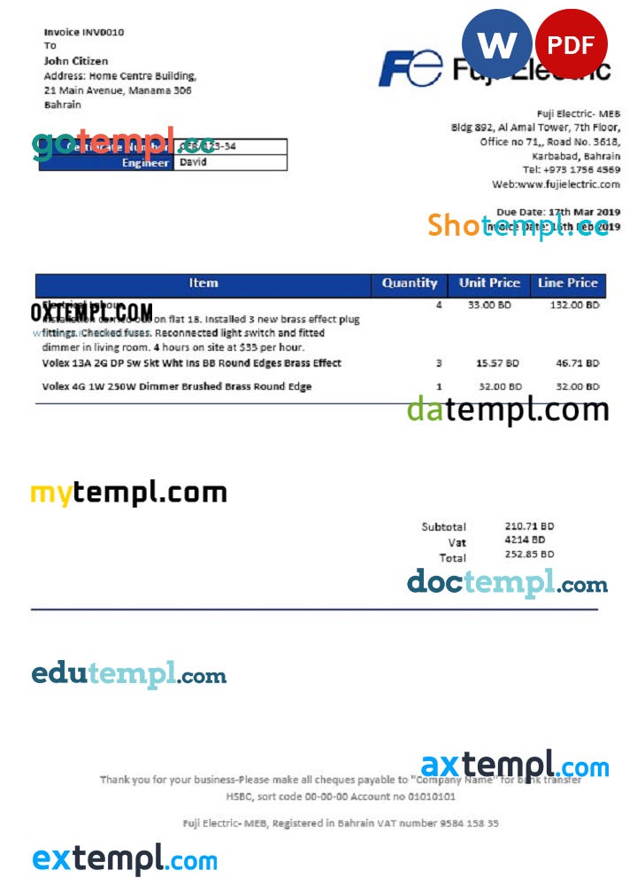Bahrain Falcon Electrical S.P.C electricity utility bill template in ...