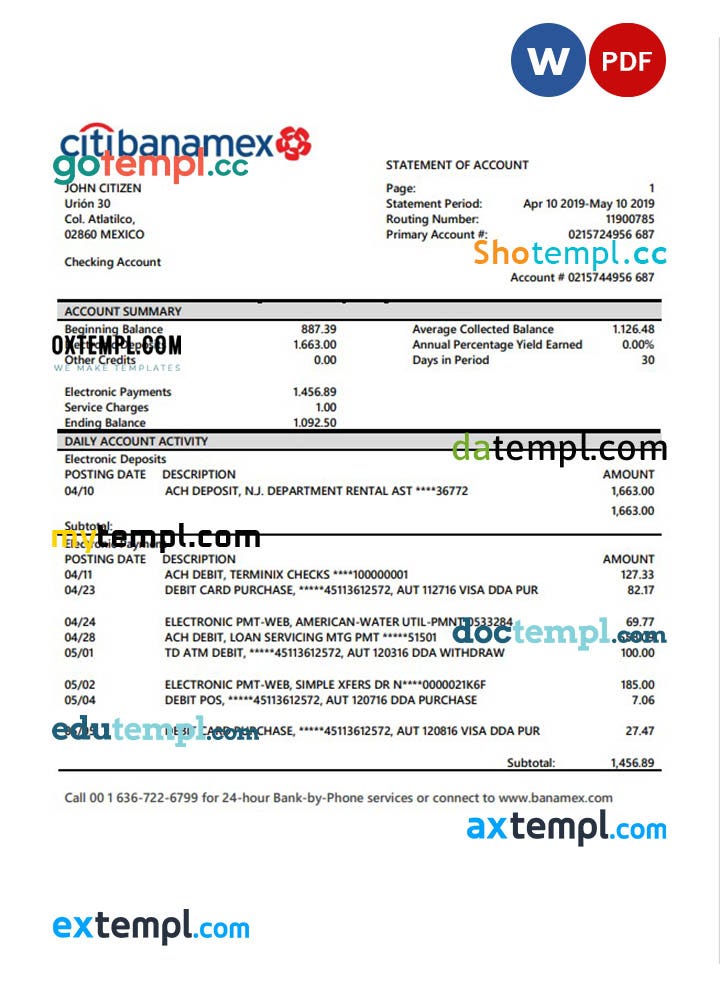 Mexico Citibanamex bank proof of address statement template in Word and PDF format | by Doctempl ...