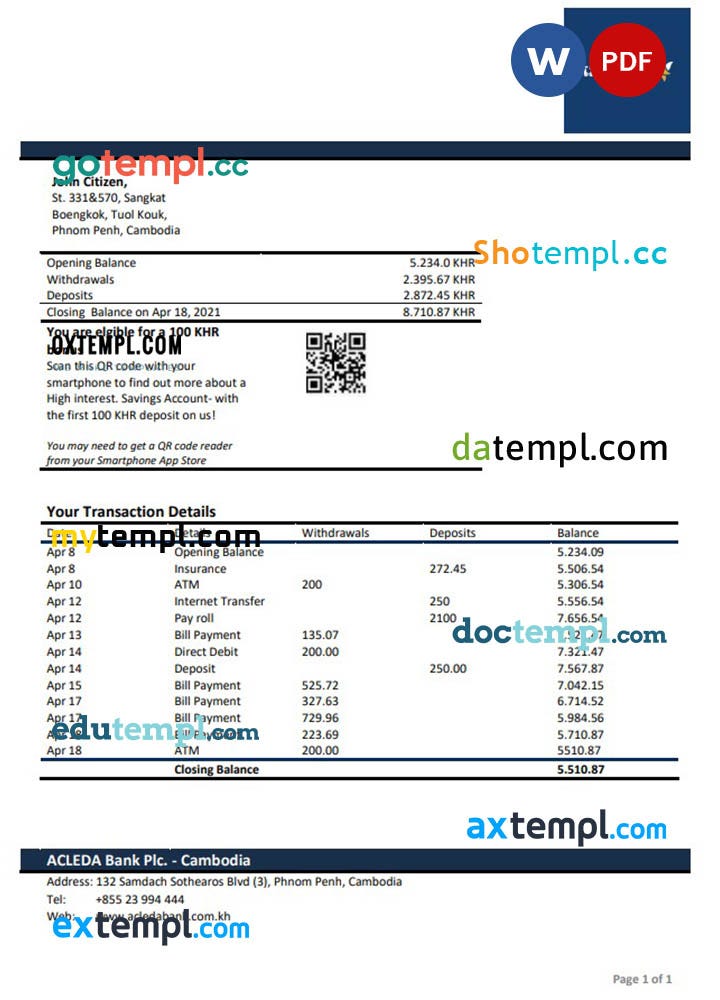 sample Cambodia Acleda bank statement Word and PDF template download ...