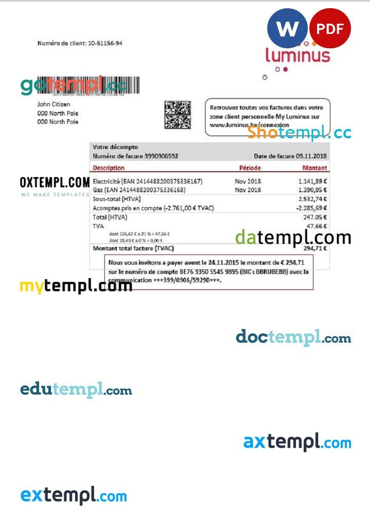 Belgium Luminus utility bill, PDF and Word download template | by In ...
