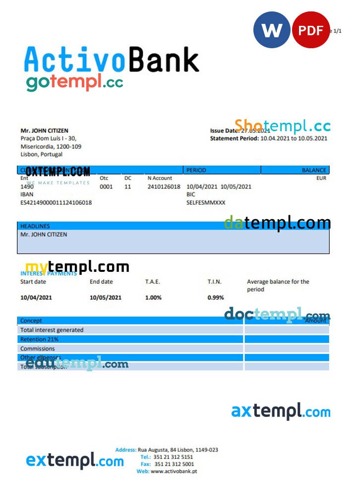 Portugal Activobank S.A. bank statement in Word and PDF format ...
