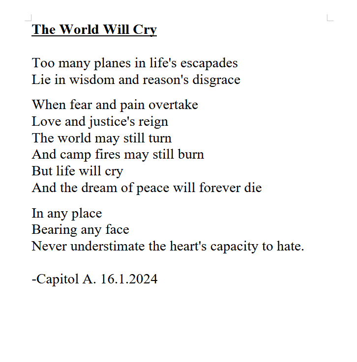 The World Will Cry — Poem - Capitol A - Medium