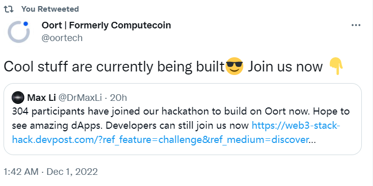 已有309名参赛者加入了Oort(CCN)举办的WEB3黑客松. 链接https://twitter.com/DrMaxLi/status/159… | by 报告财经 | Medium