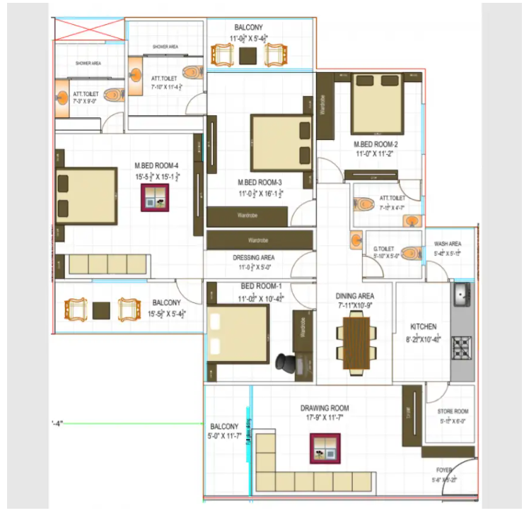 4BHK residence floor plan. - Cadbull - Medium