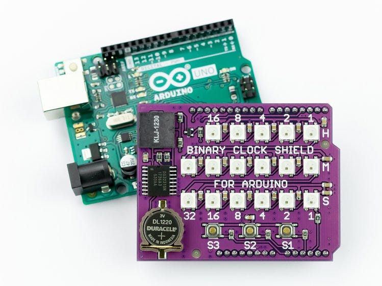 Binary Clock Arduino Shield with 17 RGB LEDs | by Jeremy S. Cook | Medium