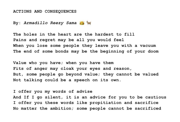 Analysis of the poem “Actions and Consequences” by Armadillo Reezy Sama ...