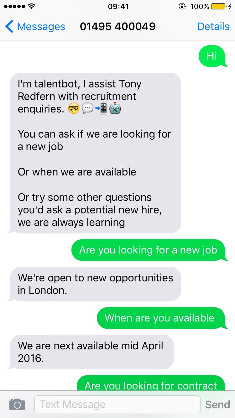 Say hello to talentbot. A text bot to chat with recruiters while I’m ...
