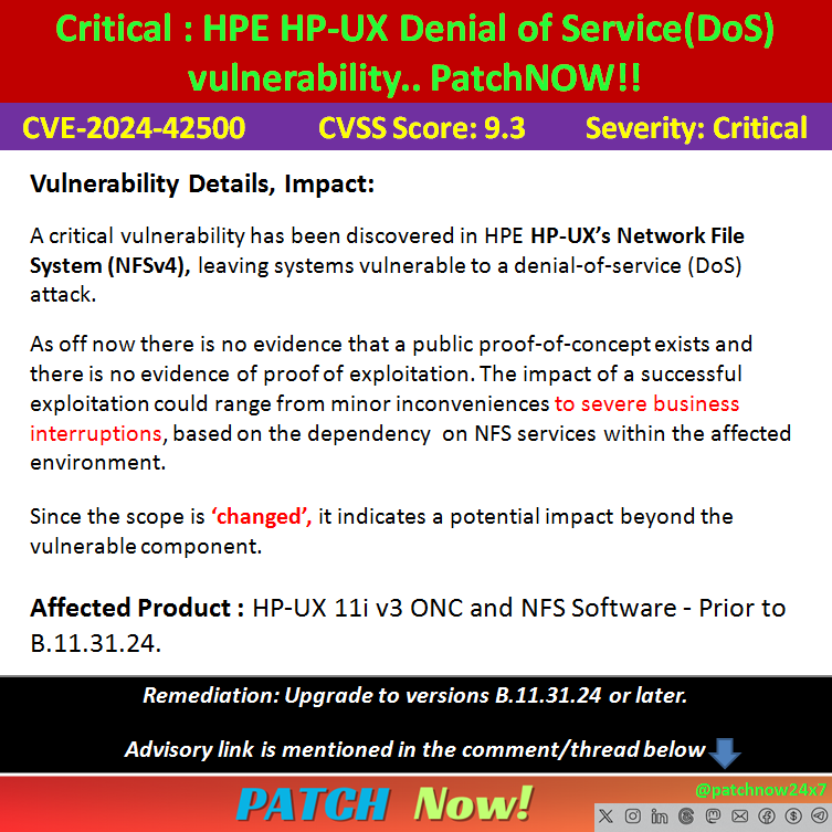CVE-2024–42500 : CVSS Score 9.3 :: HPE HP-UX is susceptible to Denial-Of-Service attacks ...