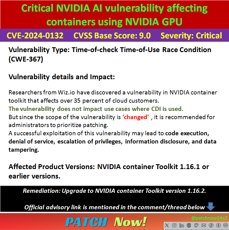 CVE-2024-0132 :: Critical NVIDIA AI related Time-of-Check Time-of-use RACE condition ...