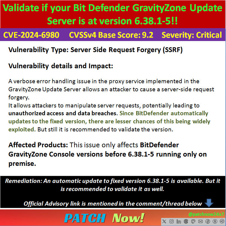 CVE-2024–6980 :: SSRF vulnerability in BitDefender GravityZone Update Server. - Patch NOW!! - Medium