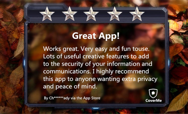 CoverMe Review-Great Private App. “Works great. Very easy and fun to ...