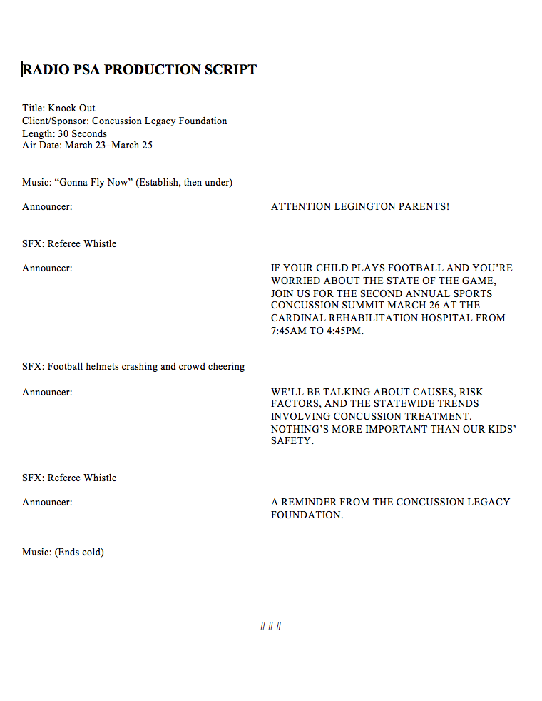 Concussion Legacy Foundation Radio PSA Production Script | by Hayley ...