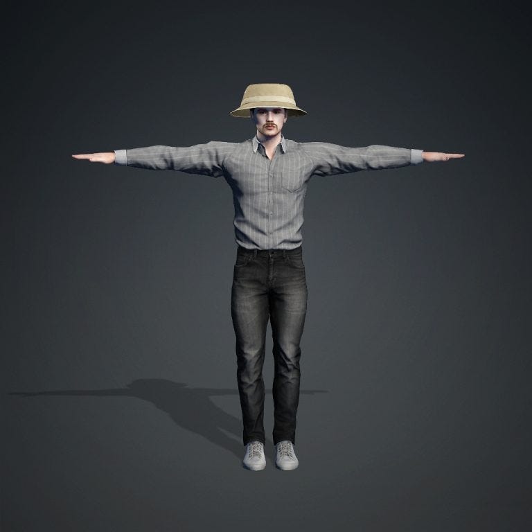 3D model of a male character wearing a gray dress shirt, dress pants ...