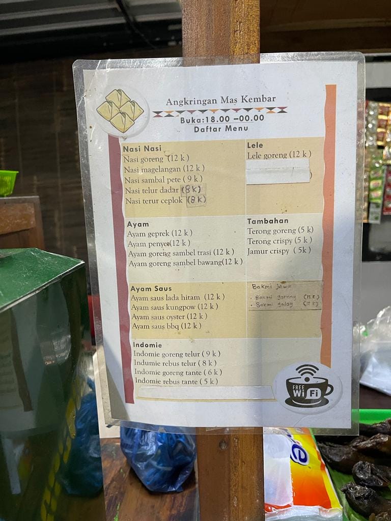 List of Menus and Prices for Angkringan Mas Kembar as well as a Place ...