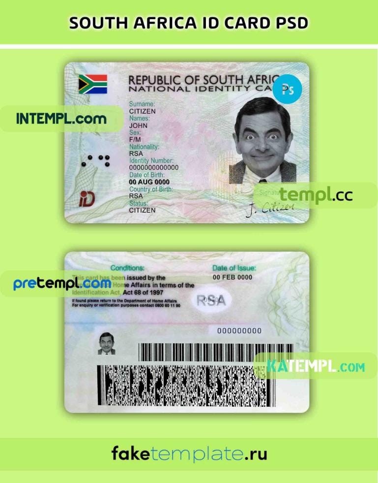 South Africa identity card PSD download template, 2013-present - Intempl ID - Medium