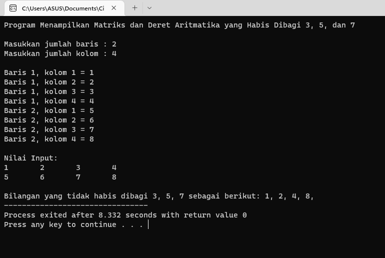 Program Menampilkan Matriks dan Bilangan Deret Aritmatika yang Tidak Habis Dibagi 3, 5, dan 7 ...