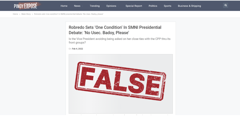 FACT CHECK: False Claim — Robredo imposes a condition on SMNI debate ...