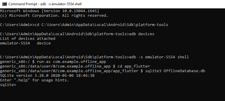 To Explore SQLite Database in command prompt using the emulator in windows for flutter ...