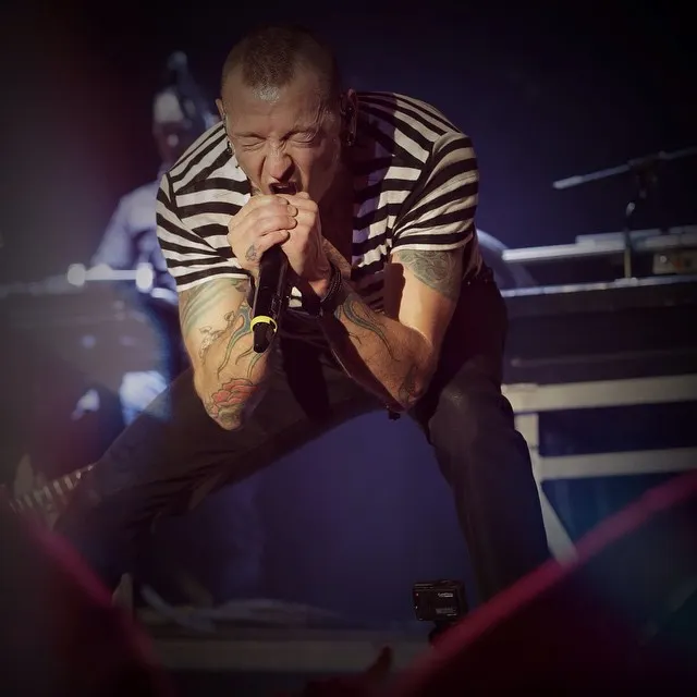 Photos of Chester performing from the front with both hands on the mic ...