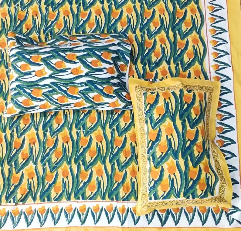 3 Piece Cotton Hand Block Print Bed-sheet Set 90"x108"/ Floral Boho ...