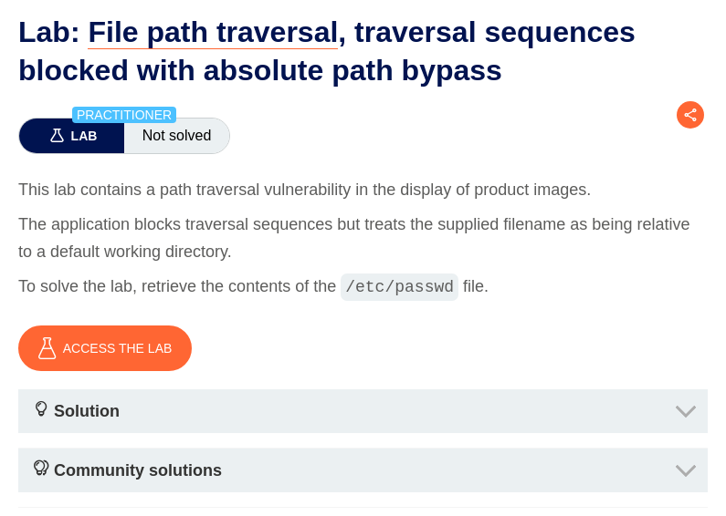 Lab: File path traversal, traversal sequences blocked with absolute path bypass (6 ...