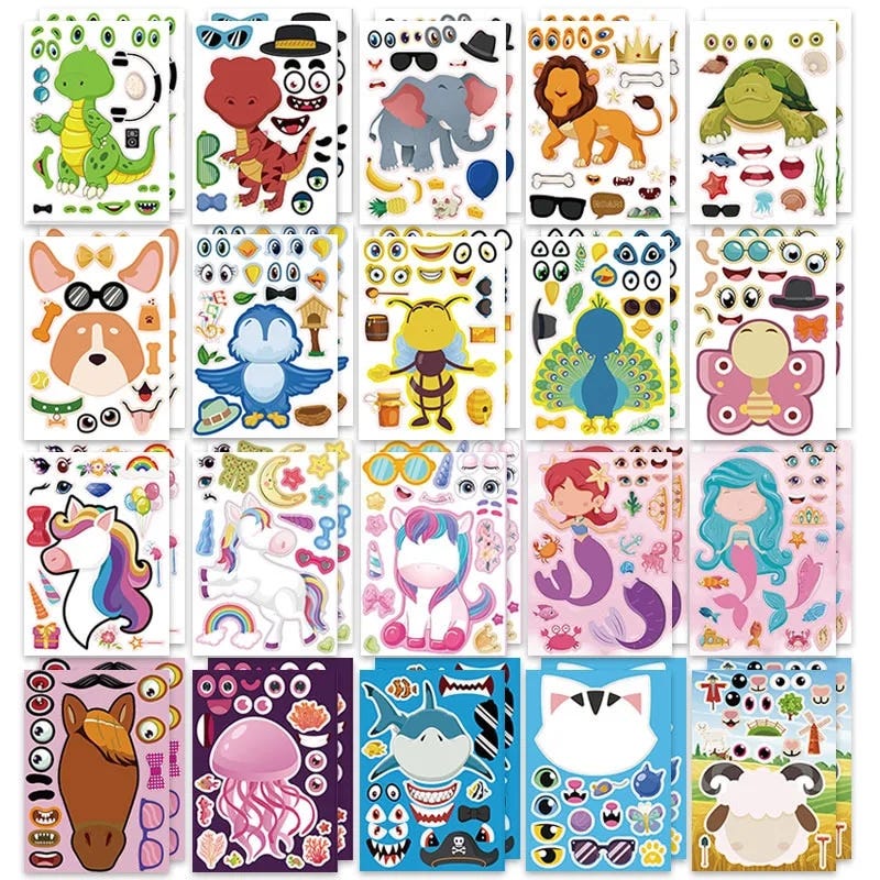Review! 12/24 Sheets Make a Face Stickers Zoo Animals Sea Dinosaur Gift ...