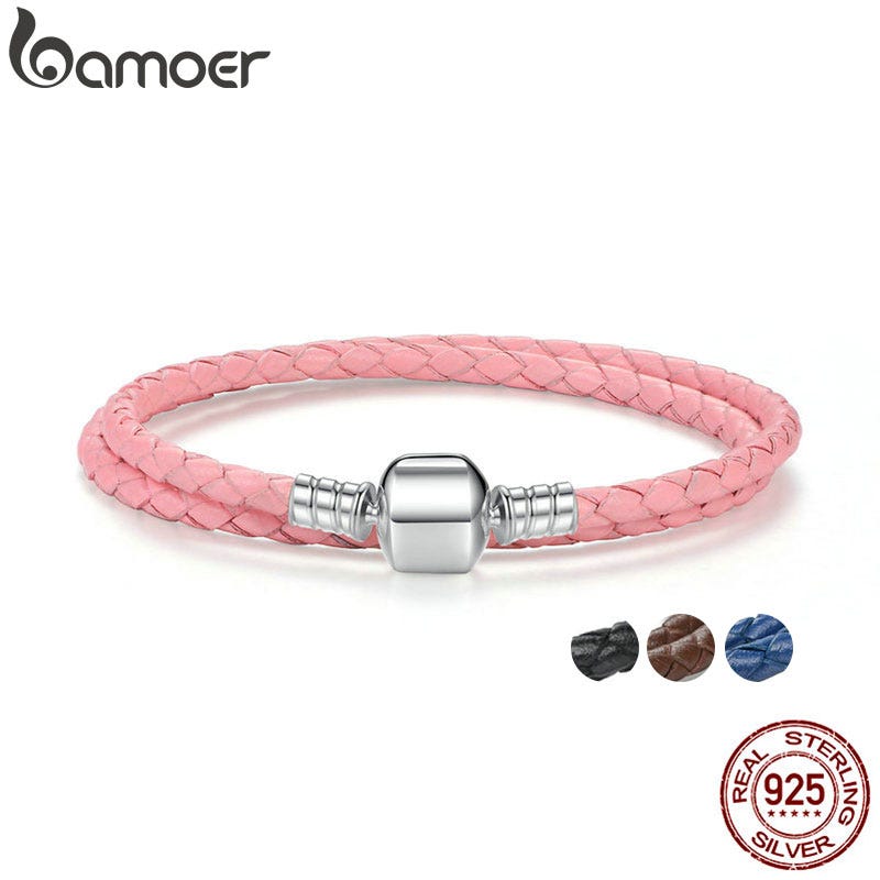 BAMOER Genuine Long Double Pink Black Braided Leather Chain Women ...