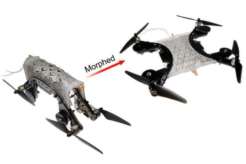 A multifunctional robot that morphs from a driving mode to a quadcopter ...