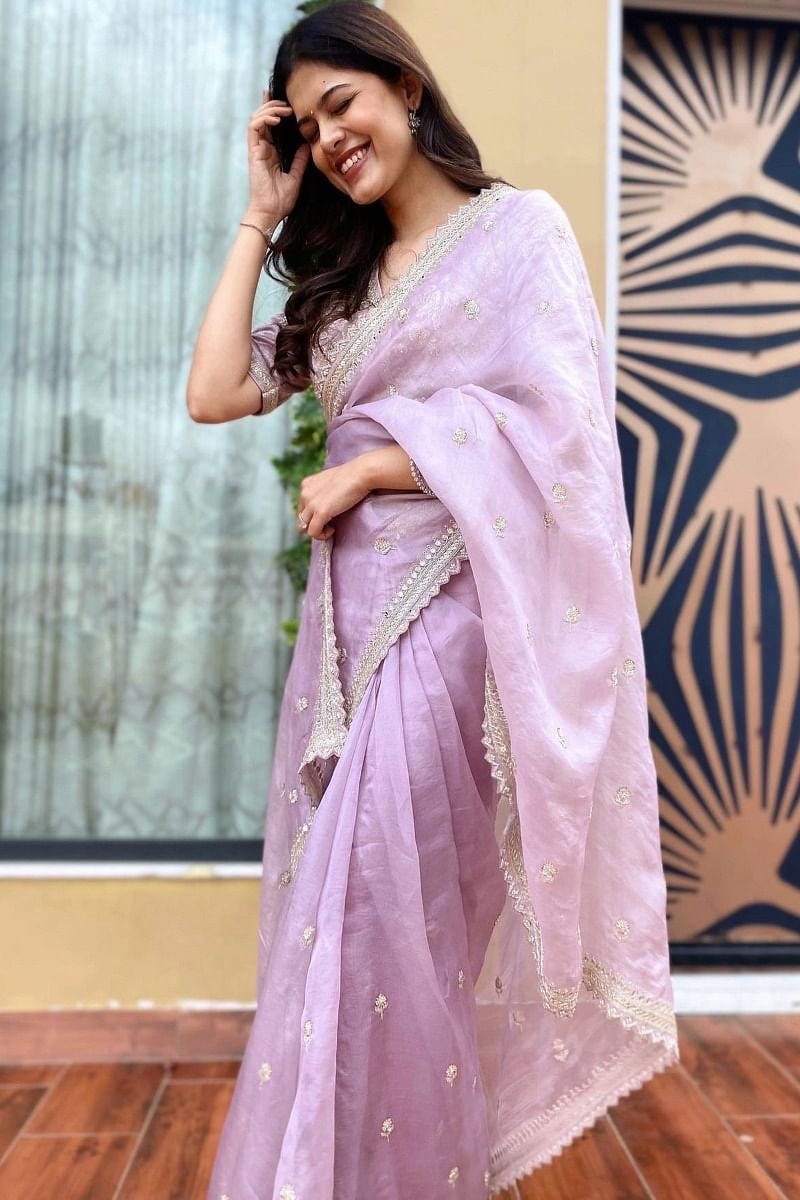 Pale Lilac Sequins Embroidered Organza Saree-HC1202 - Samyakk A - Medium
