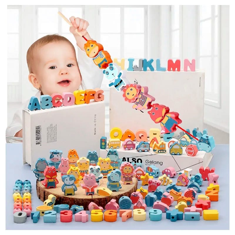 Big Deals! Kids Montessori Wooden Lacing Toy DIY Wooden Beads For ...