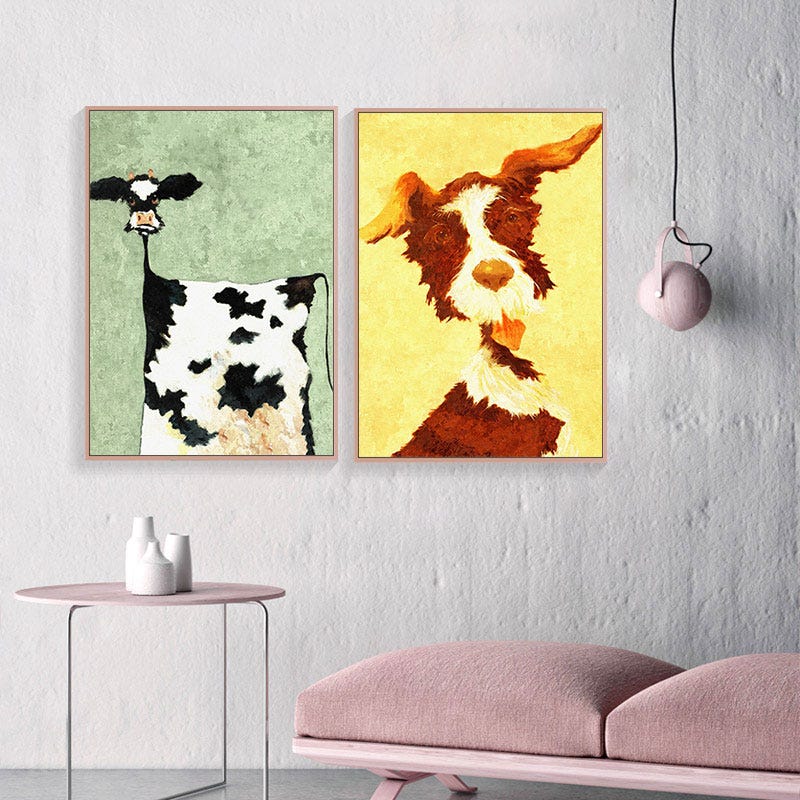 Modern Cartoon Dog & Milk Cow Print Canvas Painting Poster - The Cow ...