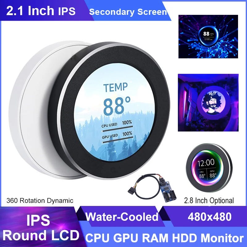 IPS Secondary Monitor for PC Gaming, USB Water Cooled, Round LCD, CPU ...