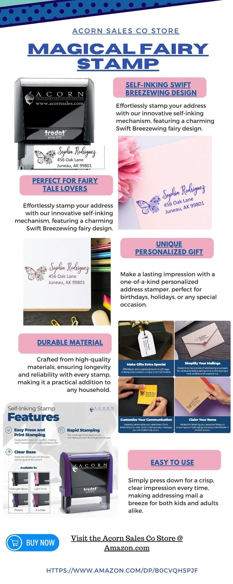 Magical Fairy Stamp Custom Home Address Stamper - Acorn Sales - Medium