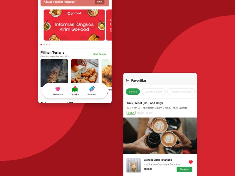 Redesigned GoFood Home with a Navigation bar and Favorites page with ...