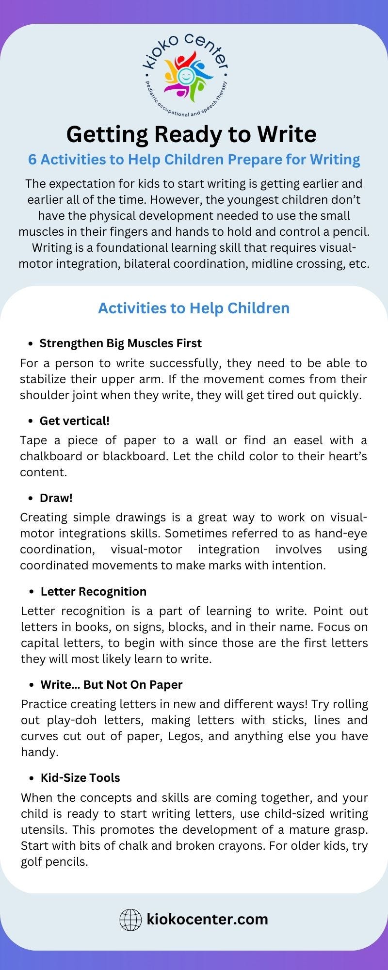Six Activities to Help Children Prepare for Writing — Kioko Center ...