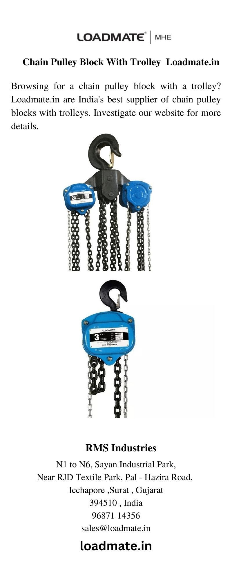 Chain Pulley Block With Trolley | Loadmate.in - RMS Industries - Medium