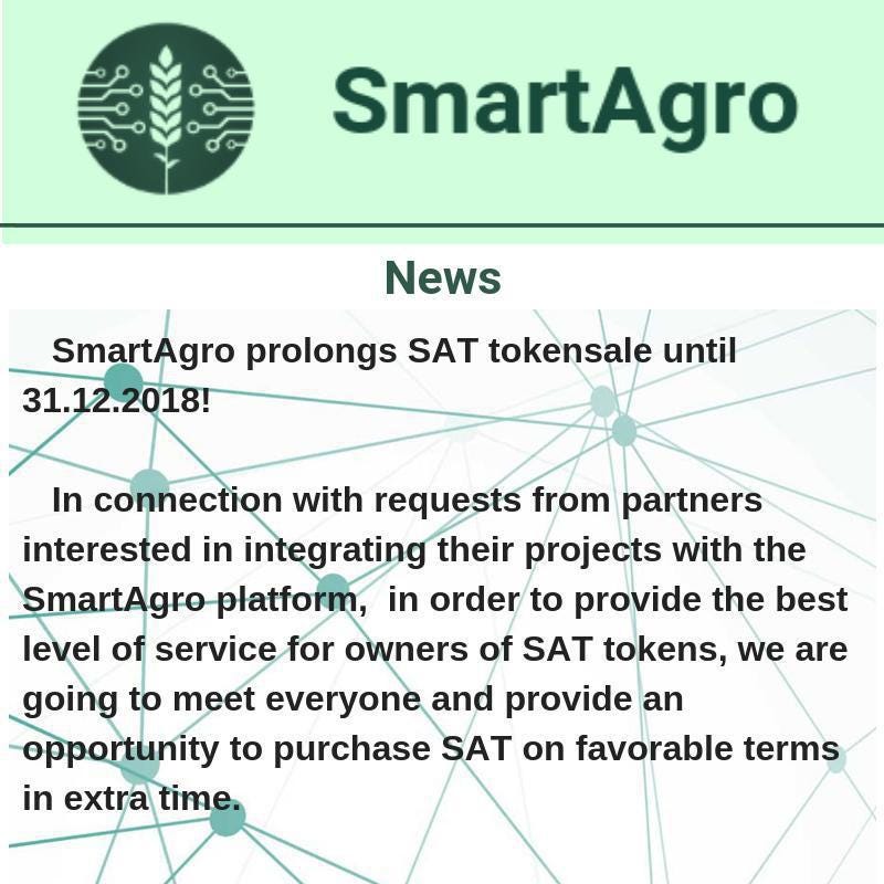 SmartAgro prolongs SAT tokensale until 31.12.2018! | by SmartAgro Ecosystem | Medium