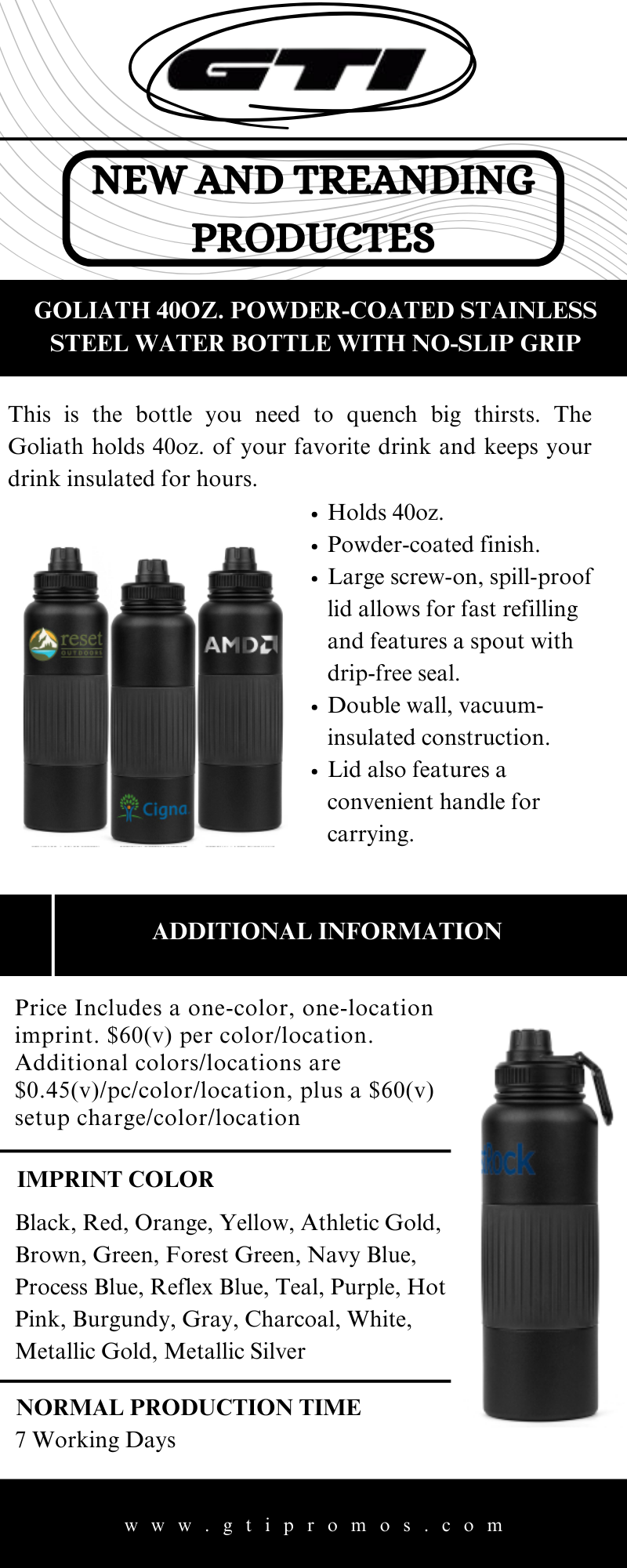 Goliath 40oz. Powder-Coated Stainless Steel Water Bottle with No-Slip ...