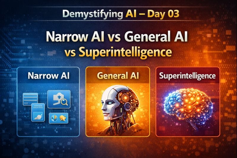 Narrow AI vs General AI vs Superintelligence- Day 03 of Demystifying AI ...