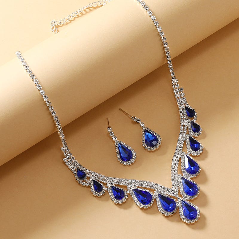 Sapphire Blue Crystal Clavicle Chain Two-piece Earrings Set | by Fatima ...