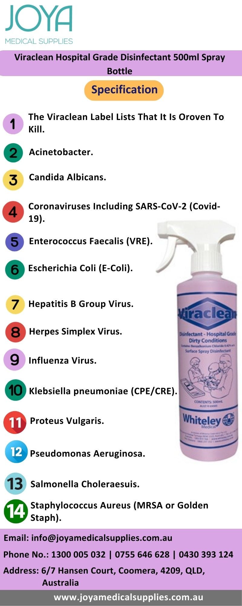 Viraclean Hospital Grade Disinfectant 500ml Spray Bottle | Joya Medical ...